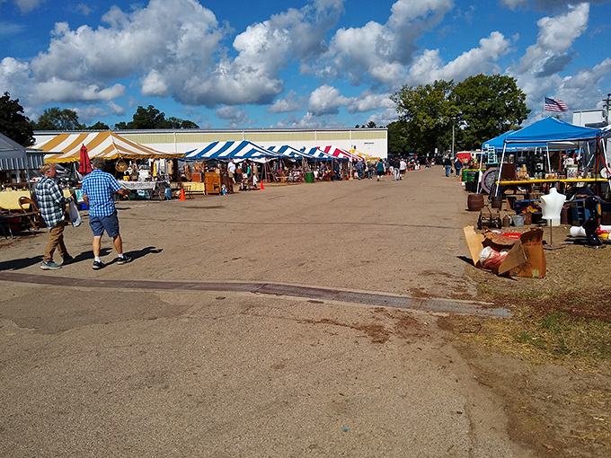 The fairgrounds setting transforms antique shopping into an outdoor festival of forgotten treasures and hidden gems.