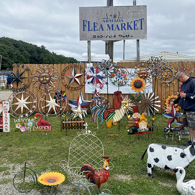 Garden art and handmade treasures create a colorful outdoor shopping experience that feels like pure magic.