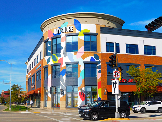 Bayshore's colorful geometric facade pops against the blue sky like an artist's palette come to life.