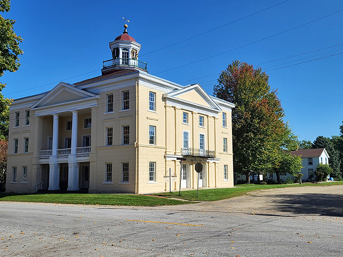 Bishop Hill's stately courthouse stands proud, watching over generations of small-town life unfold.