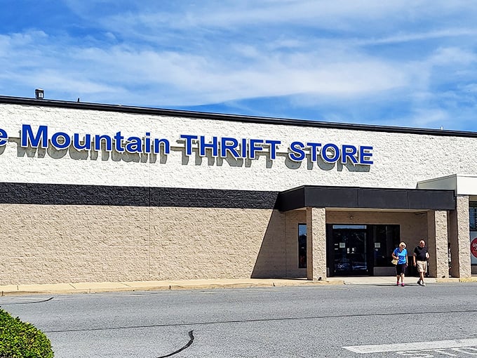 Blue Mountain Thrift Store: where mountains of bargains await behind that understated facade. Even the sign promises adventure!