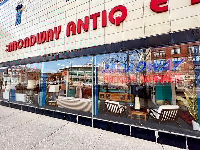 Broadway Antique Market's classic storefront showcases mid-century treasures that would make Don Draper feel right at home.