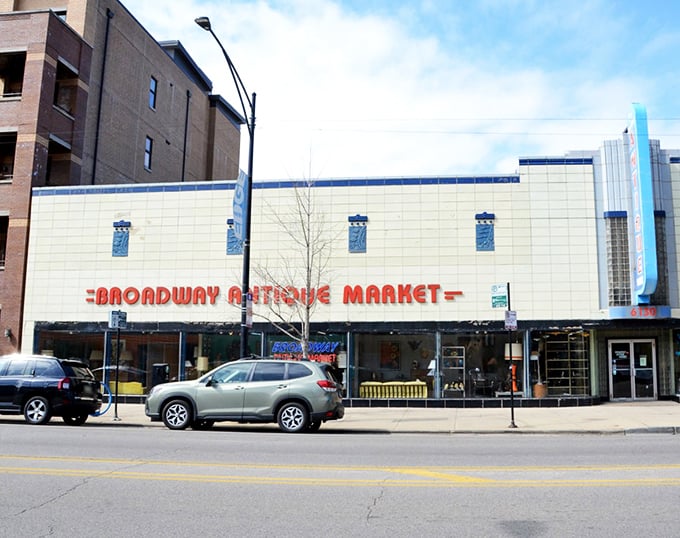 Broadway Antique Market's classic white tile exterior is like the opening credits to a fantastic film about mid-century treasures.