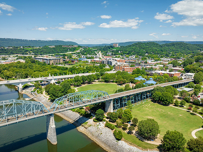 Chattanooga's riverfront sparkles like a postcard that forgot it was supposed to be pretend.