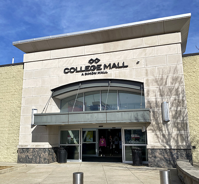 College Mall's sleek entrance promises modern shopping in the heart of Bloomington. Simon knows how to make a retail statement!