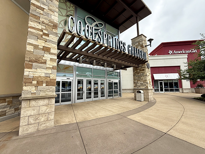 CoolSprings Galleria's stone entrance whispers sophistication while your wallet whispers "thank you for the deals."