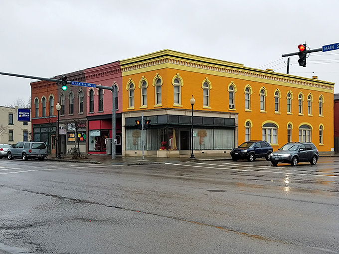 Dansville's vibrant downtown buildings pop with color against the gray sky, proving affordable towns don't have to be drab.