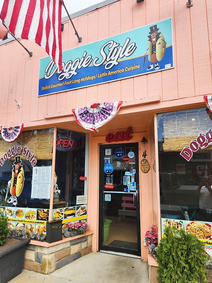 Beach town meets hot dog heaven - that pink facade is like a lighthouse guiding hungry souls to salvation.
