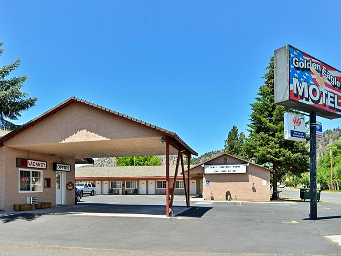 Dorris' Golden Eagle Motel sign stands tall against the blue sky &ndash; a slice of Americana that's refreshingly unchanged.