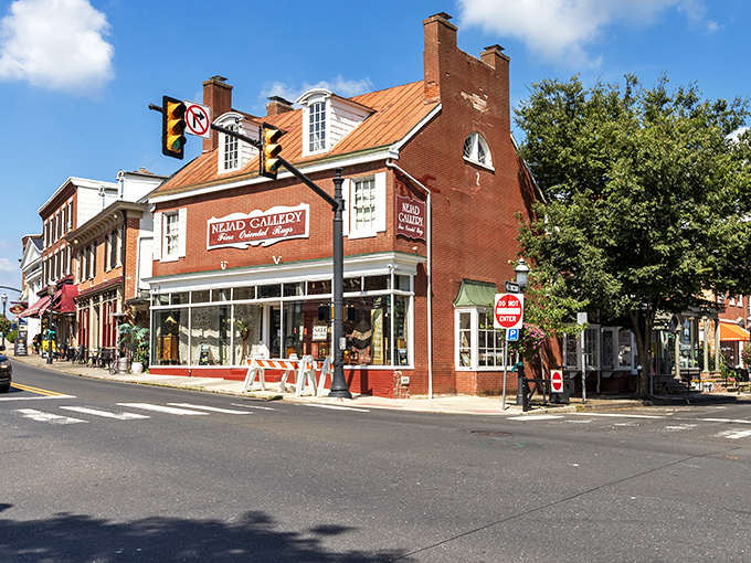 Historic brick buildings and quaint storefronts line the streets of downtown Doylestown, where small-town charm meets timeless character.