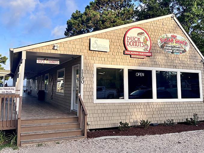 Beach town vibes meet donut perfection in this weathered wooden gem that defines Outer Banks indulgence.