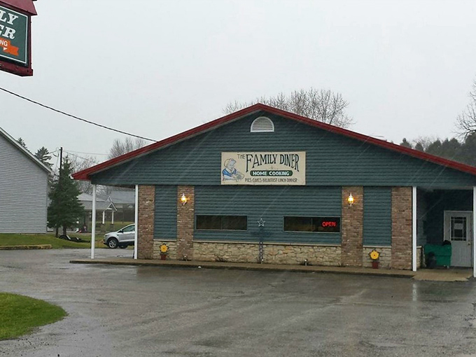 The Family Diner's stone and siding combo says "welcome home" in restaurant language.