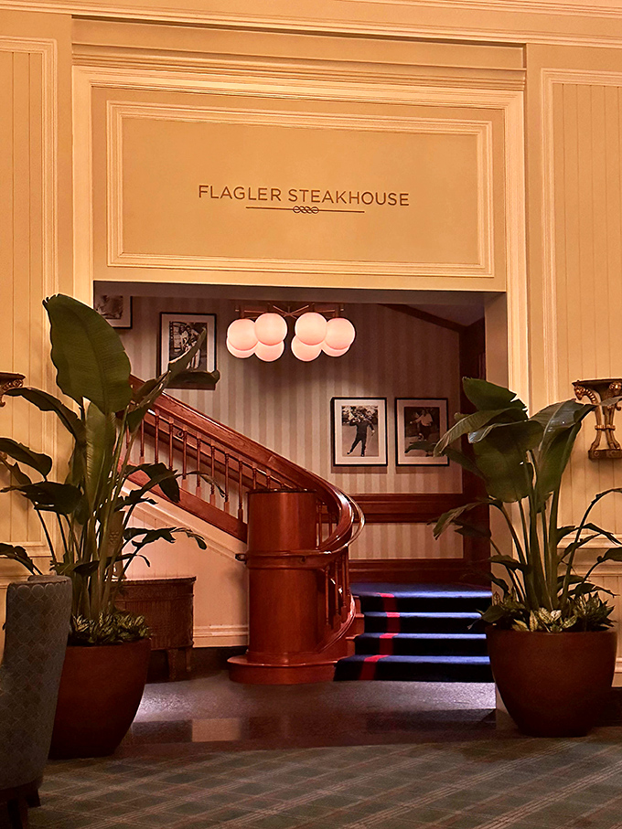 Flagler Steakhouse's grand entrance sets the stage for a meal that's both elegant and unpretentious.
