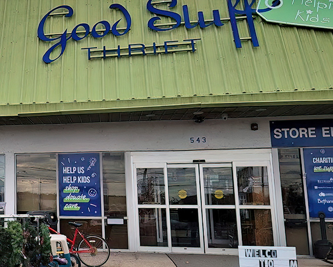 Good Stuff Thrift lives up to its name with a cheerful blue sign and a mission to help kids. Shopping with purpose never looked so inviting.