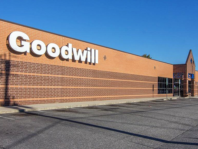 Goodwill's classic brick design welcomes treasure hunters with the promise of organized shopping bliss ahead.