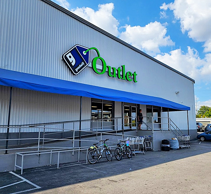 Goodwill Outlet's industrial exterior hints at the treasure-hunting adventure that awaits inside this bargain hunter's paradise.