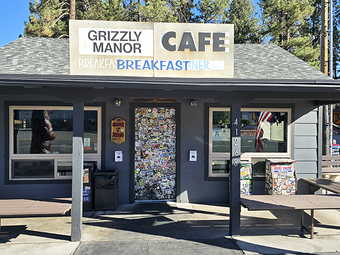 That sticker-covered door tells a thousand stories of satisfied breakfast adventurers from everywhere.