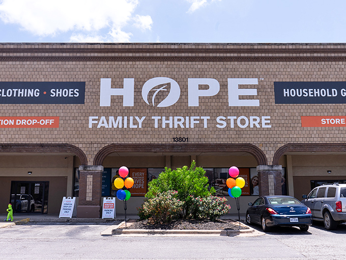 HOPE blooms with colorful balloons welcoming shoppers to this community-minded Austin thrift destination.
