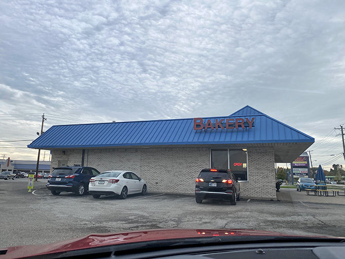 That blue roof signals sweet relief ahead &ndash; a beacon of frosted hope in a sea of ordinary breakfasts.