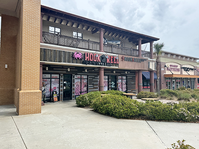 You can enjoy a fresh seafood feast at Hook & Reel, located right next to the local mattress and furniture shops.