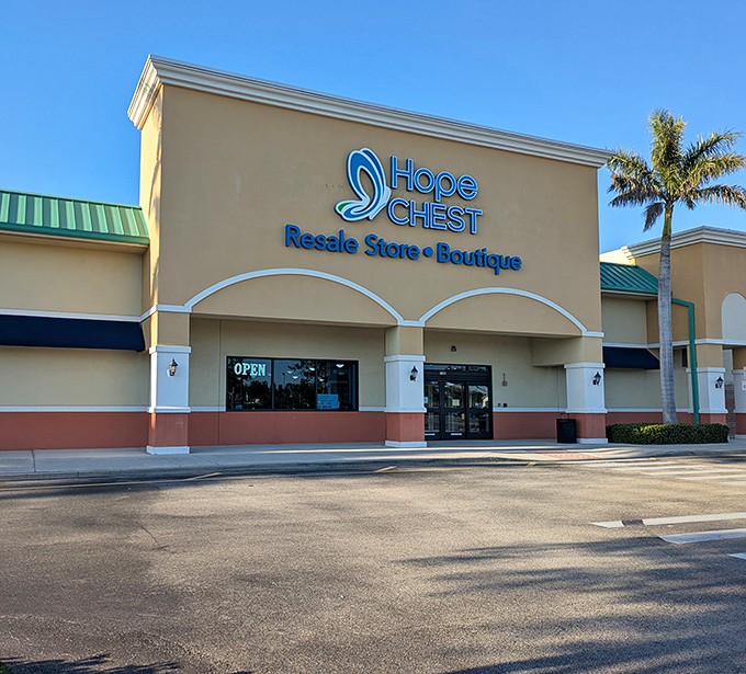 Hope Chest's upscale exterior could easily be mistaken for a high-end boutique. Palm trees and clean architecture set the stage for elevated thrifting.