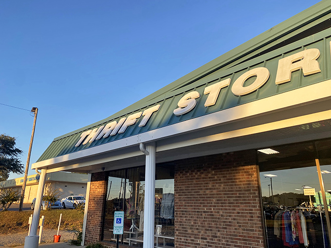 The InJoy Thrift Store sign gleams against the bright blue sky in Rocky Mount. Those big bold letters practically shout "Come in and find something wonderful!"