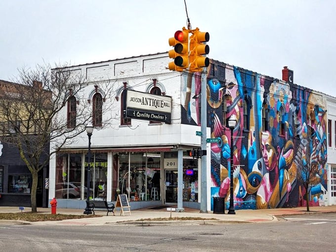 Jackson Antique Mall's vibrant mural is just a preview of the colorful characters and treasures waiting inside.