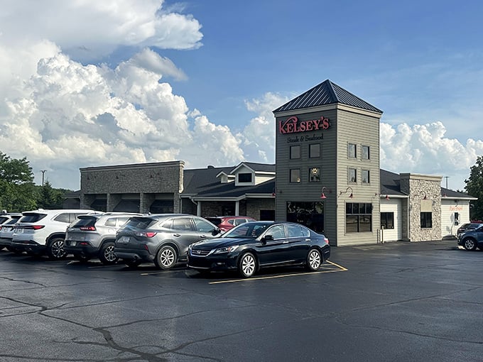 That tower and stone facade hint at the elevated dining experience waiting behind these welcoming doors.