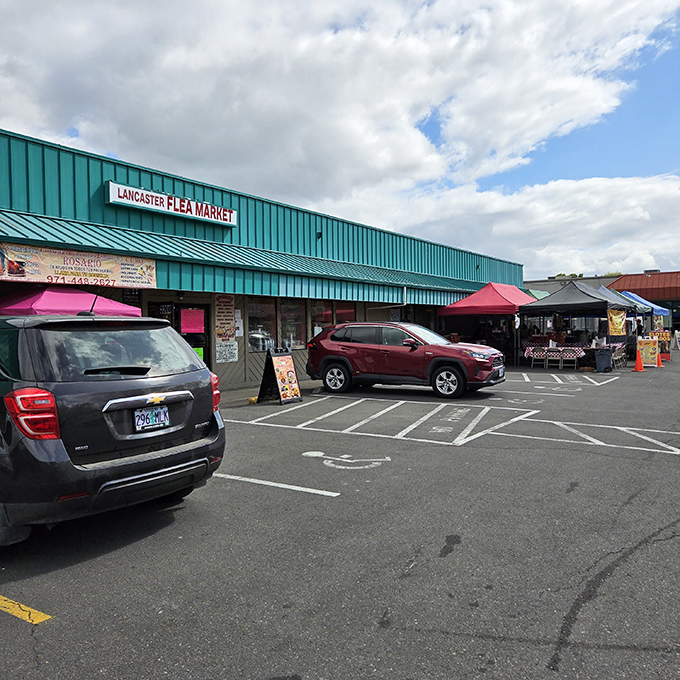 Lancaster Flea Market's bright teal exterior stands out like a beacon for bargain hunters. The mothership has landed for deal-seekers!