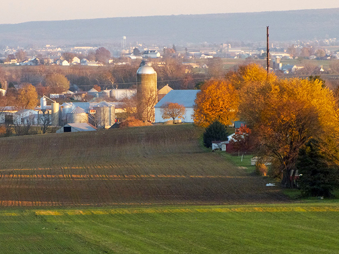 Golden hour transforms this farming community into a Hallmark movie set, complete with silos standing like sentinels against autumn skies.