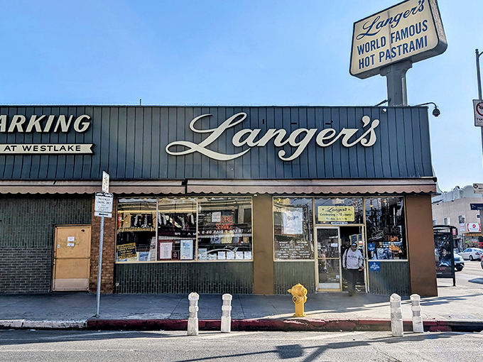 Langer's iconic storefront &ndash; where pastrami dreams come true and diet plans go to die. Worth every delicious calorie!