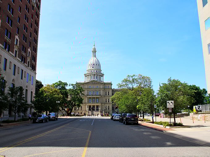 Michigan's State Capitol building creates a majestic backdrop for Lansing's downtown, where government meets everyday community life seamlessly.