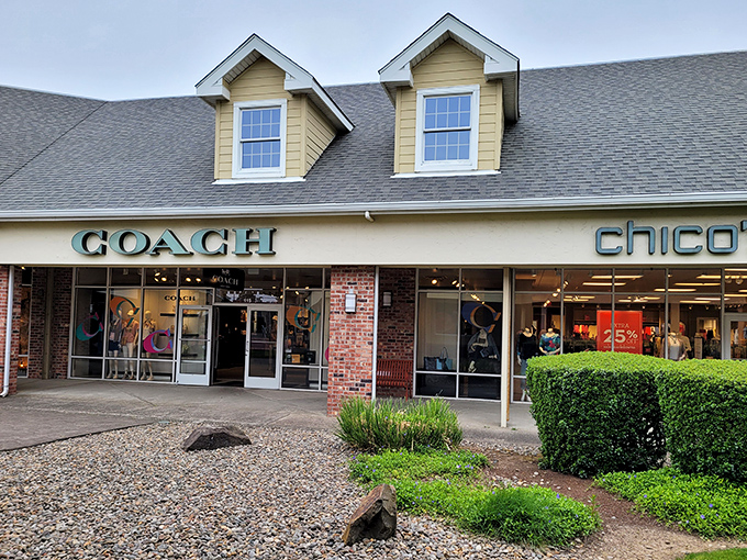 Coach and Chico's storefronts offer a high-low mix of luxury and comfort, the perfect outlet mall neighbors.