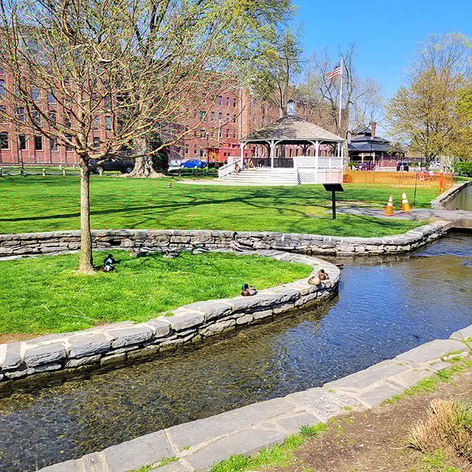 The town creek bubbles through like nature's own soundtrack, providing free entertainment since forever.
