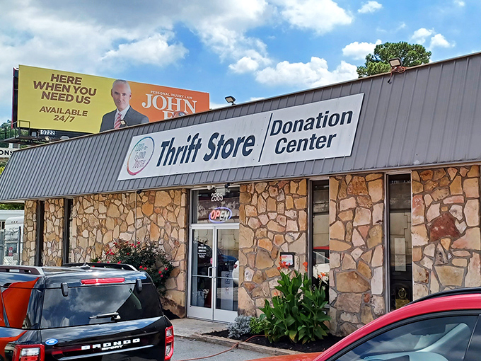 Lost-N-Found's stone facade feels sturdy as their mission - helping youth while you hunt for deals. 