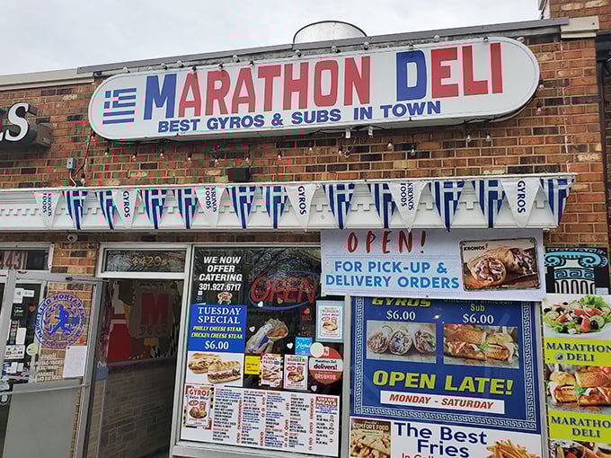 Marathon Deli's vibrant blue and white fa&ccedil;ade celebrates its Greek heritage. Those flags aren't just decoration&mdash;they're a flavor promise!