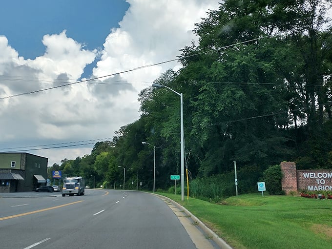 Marion welcomes visitors with a sign and gas prices that make city folks do a double-take.