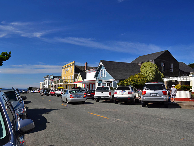 Mendocino's weathered Victorian facades stand proud against ocean winds, each building a testament to coastal California's enduring beauty.