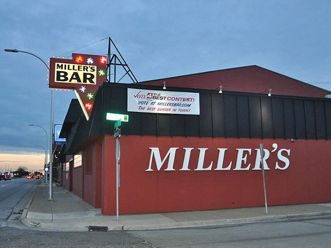 Red brick and neon signs create the perfect storm for legendary double cheeseburger memories.