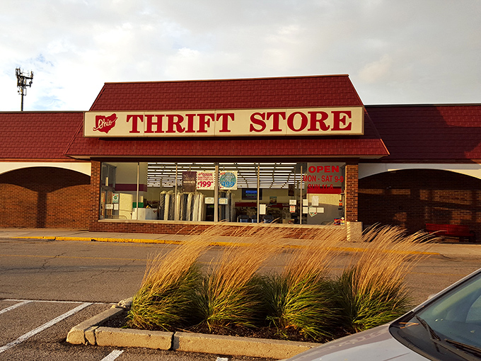 Ohio Thrift's classic red roof and brick facade create that perfect "neighborhood gem" vibe every thrifter loves.