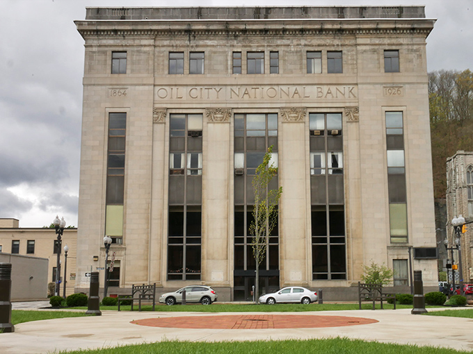 Oil City's grand bank building stands like a monument to prosperity in this river valley.