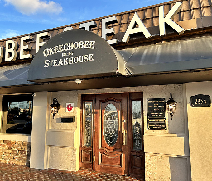 That elegant doorway at Okeechobee Steakhouse isn't just an entrance&mdash;it's a time portal to when steaks were steaks and vegetables knew their place.