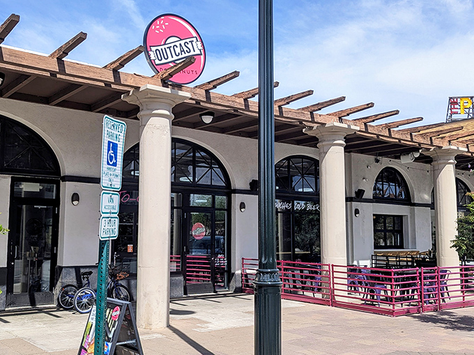 Outcast's modern pergola setup makes eating donuts feel like dining al fresco in a hip European caf&eacute;.