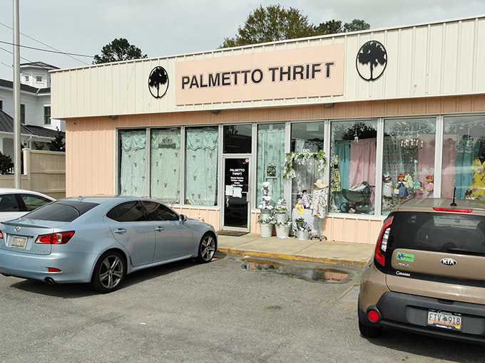 Palmetto Thrift's charming storefront whispers secrets of vintage finds and modern bargains waiting just beyond those welcoming doors.