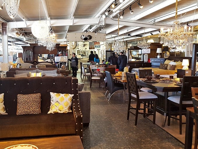 Crystal chandeliers hanging over flea market finds - now that's what I call shopping with style and flair.