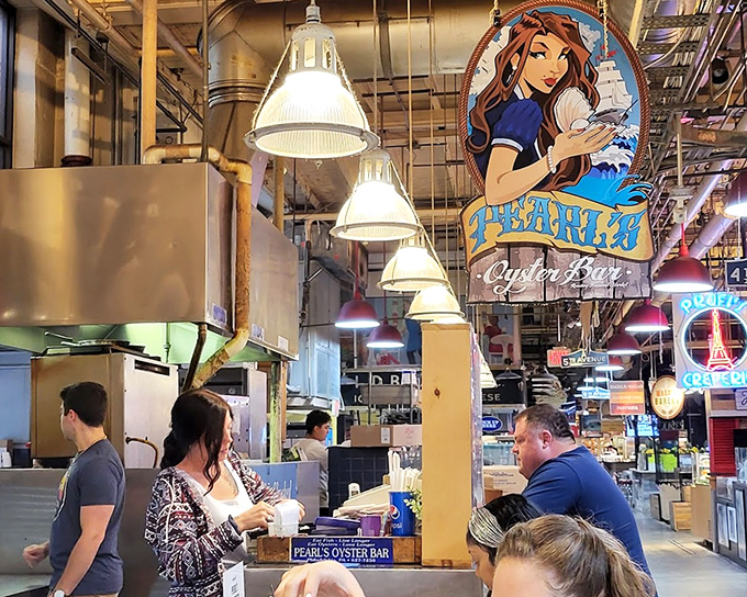 Pearl's gleaming counter showcases nature's jewelry - each oyster a tiny treasure waiting to be discovered.