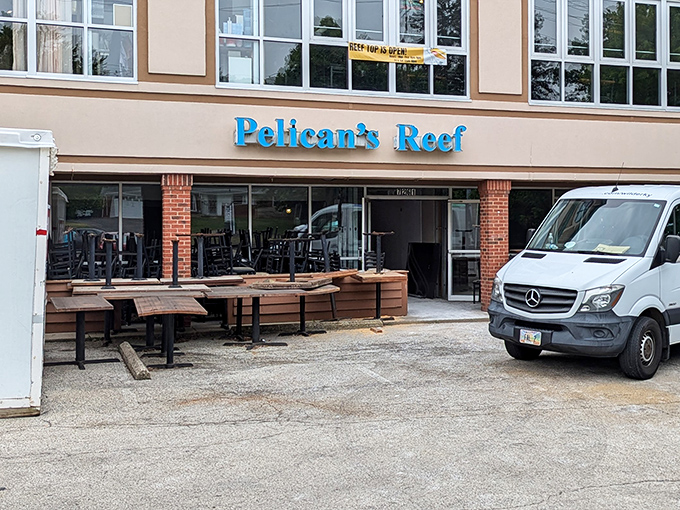 Pelican's Reef brings a splash of coastal charm to Cincinnati. That blue signage promises a vacation for your taste buds, if not your passport.