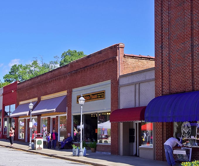 Village buildings that serve as community living rooms where benches invite lingering conversations. 