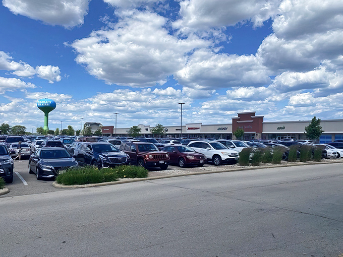 That distinctive water tower stands sentinel over a retail landscape where bargains flow like rivers.