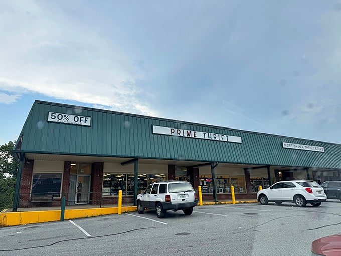 Prime Thrift's exterior promises big savings with bold signage advertising 50% off deals that make wallets happy.